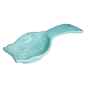 MyGift® Aqua Blue Ceramic Spoon Rest with Owl Design, Countertop Cooking Spoon and Ladle Holder