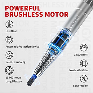 L&#039;UGX Nail Drill 35000RPM Professional Brushless Electric Nail Drill Machine, Rechargeable Cordless Nail Efile for Acrylic Gel Nails, 8Pcs Nail Drill Bits, Low Noise Low Vibration