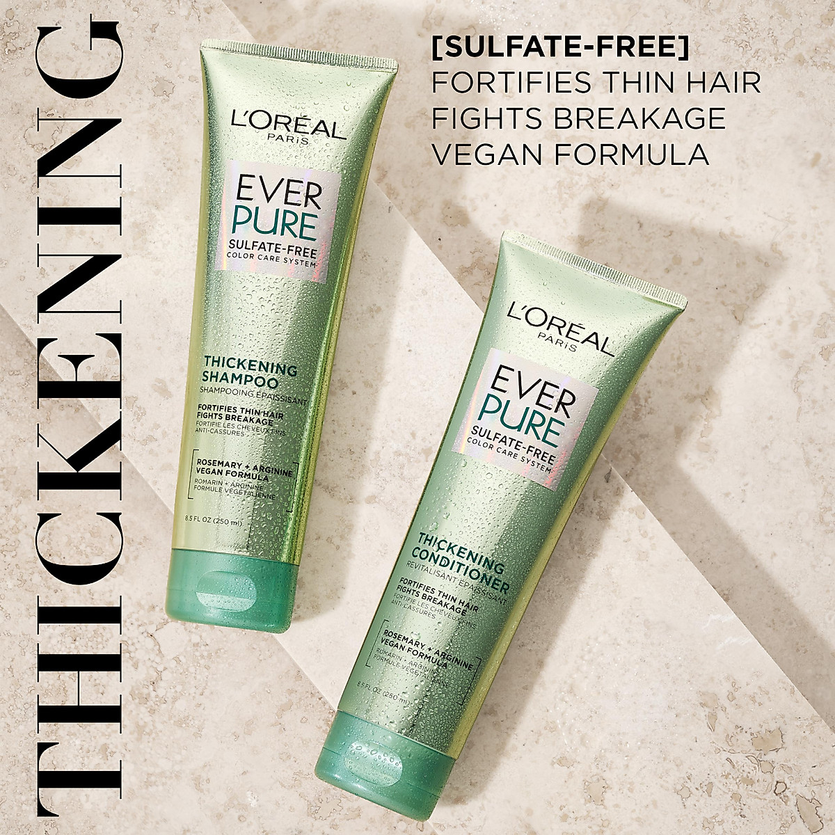 L’Oréal Paris Thickening Sulfate Free Conditioner, Thickens + Strengthens Thin, Fragile Hair, Hair Care with Rosemary Leaf, EverPure, 8.5 Fl Oz (Packaging May Vary)