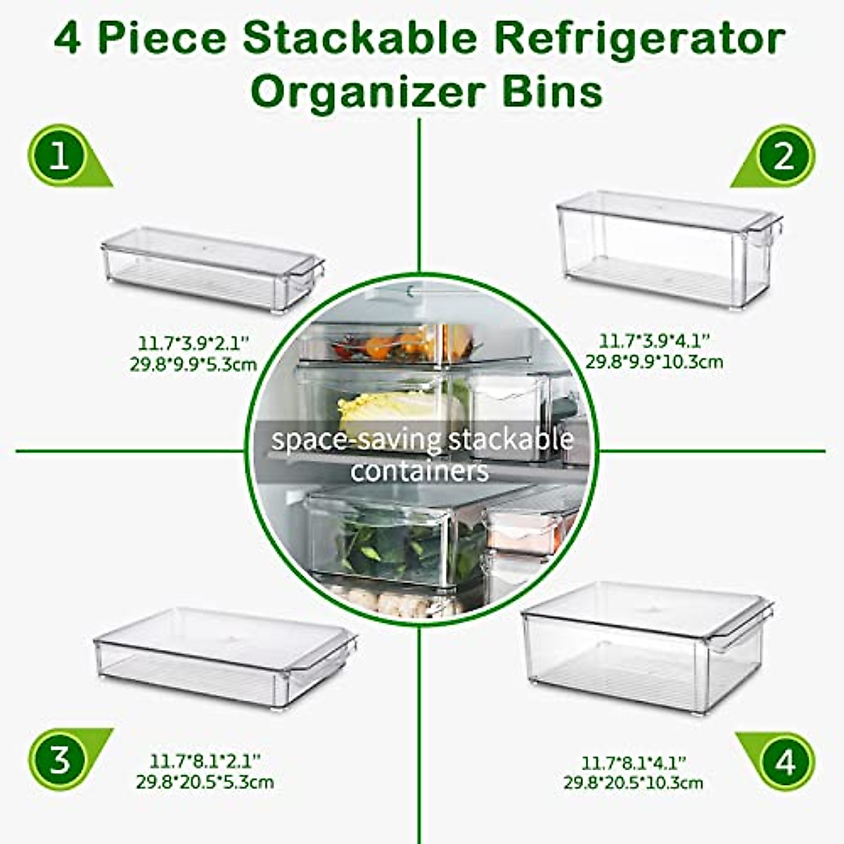 Refrigerator Organizer Bins with Lids 4 Pack,Stackable Clear Refrigerator Organizer For Fridge, Freezer, Kitchen Cabinet, Pantry Organization, Freezer Organizer Bins