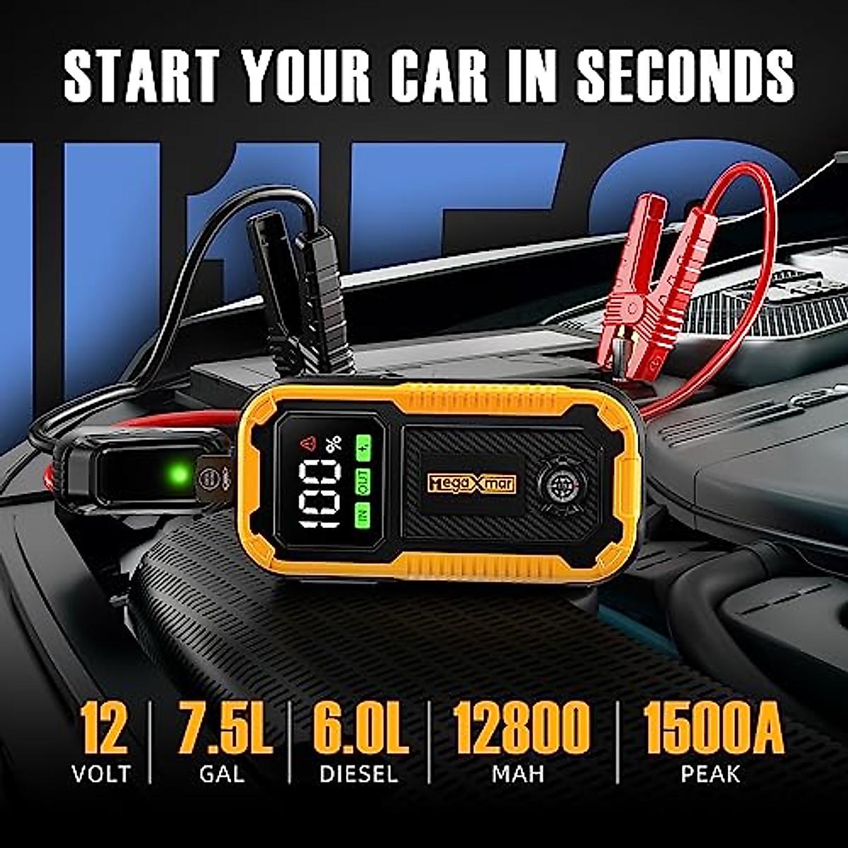 MegaXmar Car Battery Jump Starter -1500A Peak 12800mAh,Portable Car Jump Starter for Up to 7.5L Gas 6.0L Diesel Engine,12V Jump Starter Battery Pack with Smart Clamp Cables,LED Flashlight Jump Box