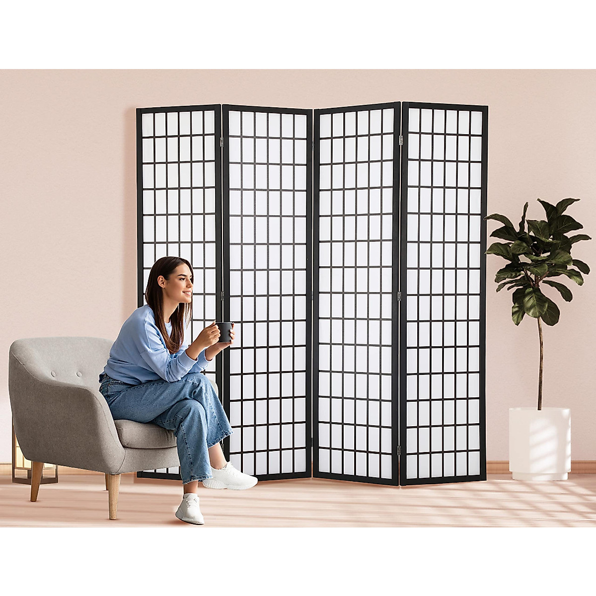 Room Divider, 4 Panel Plum Blossom Shoji Screen, 6FT Folding Chinese Wall Dividers with Waterproof Shoji Paper for Home Office Bedroom, Divider for Room Separation Japanese Style Room Dividers