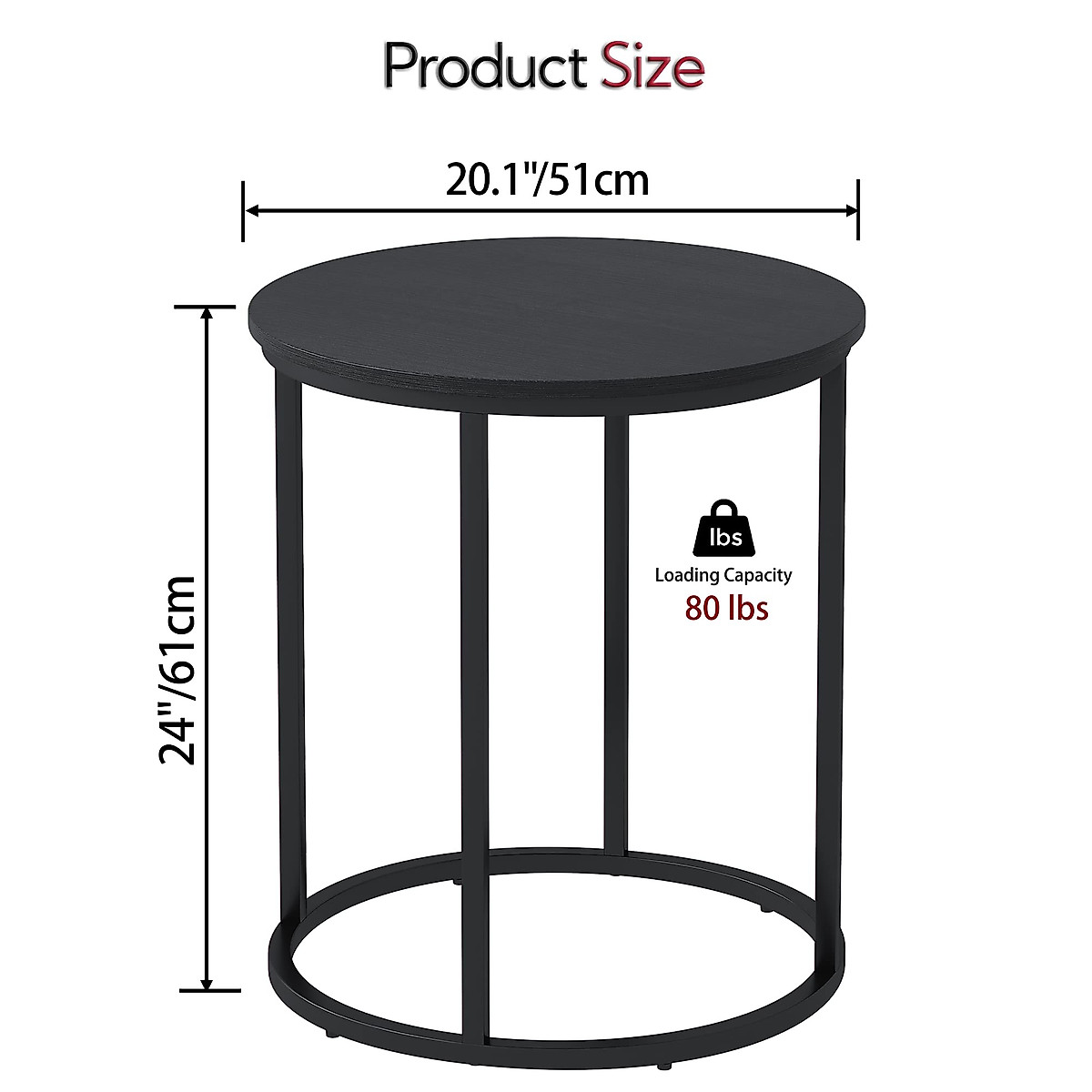 Yusong Round End Table, 20" Accent Small Side Table Nightstand Modern Bedside Table for Living Room Bedroom Office Small Spaces,Black