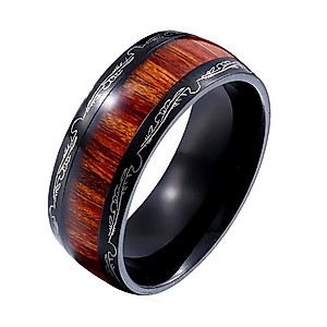 HIJONES Unisex Stainless Steel Rings Koa Real Wood Wedding Engagement Ring Band High Polished Finish Black Size 7