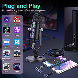 Mercase USB Microphone, Condenser Microphone for Phone, Mac,Computer,PS4 and PS5, with Quick Mute,Plug & Play,Cardioid Pickup,Volume Control for Podcast, Recording, Sing, ASMR