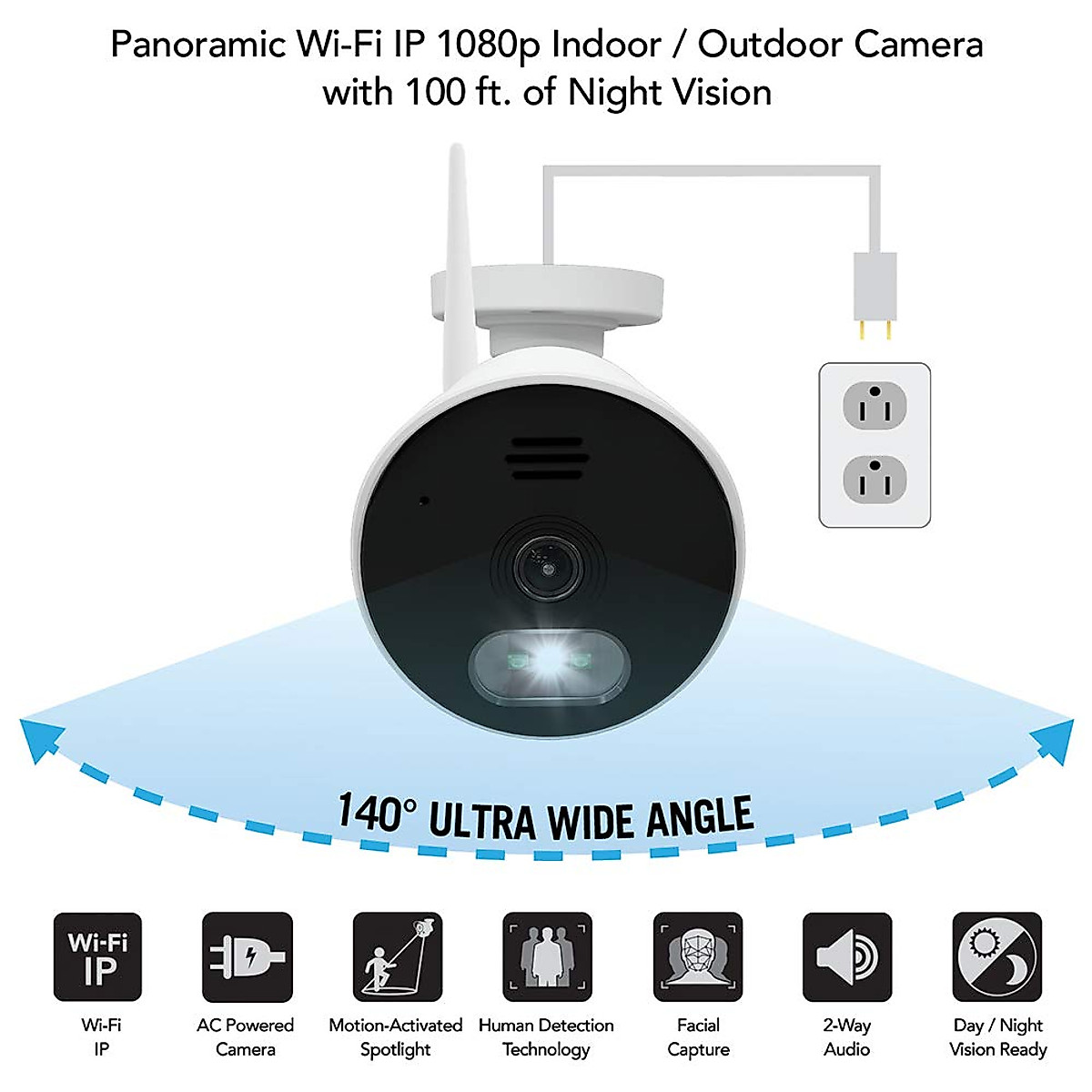 Night Owl 1080p AC Powered Panoramic Wi-Fi IP Indoor/Outdoor Camera with a 140° Ultra Wide Angle View, 2-Way Audio, Built-in Spotlight, Motion Detection, and Remote Viewing Mobile App