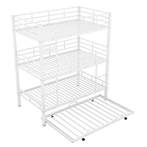 Harper & Bright Designs White Triple Bunk Bed with Trundle, Twin Over Twin Bunk Beds, Metal Quad Bunk Beds, 3 Bunk Beds with 2 Ladders & Guardrails, Convertible Heavy Duty Steel Frame