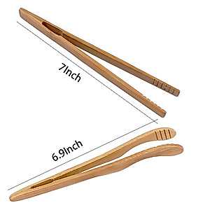 ONERUSUS 4 pack Bamboo Toaster Tongs - 7” Reusable Wood Cooking Tongs -Ideal Kitchen Utensil For Cheese Bacon Muffin Fruits Bread- Ultra Grip - Eco-friendly (Yellow-4 pcs)