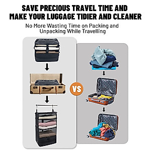 Caroeas Portable Hanging Travel Shelves Bag Suitcase Organizer Carry-on Closet Packing Cubes for Travel, 3-Shelf Suitcase Closet with 2 Hooks, Large Capacity, Black
