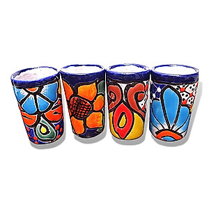 MEXTEQUIL - Talavera Shot Glasses Set of 4 Authentic Mexican Tequila Shot Glasses - Hand-painted - 2 Oz (Flowers)