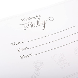 Happy Homewares Beautiful Ivory White Baby Shower Guest Book with Silver Plated Teddy Bear and Stars | 40 Lined Sheets | Luxurious Grey Fabric Ribbon