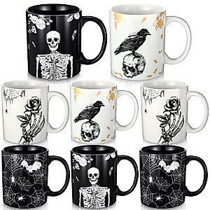 Teenyyou 8 Pcs Vintage Halloween Mug 14 oz Goth Coffee Cup Gothic Ceramic Drinking Cup with Skull Skeleton Spider Crow Pattern Witchy Gothic Gifts for Women Halloween Birthday Party Home Decoration