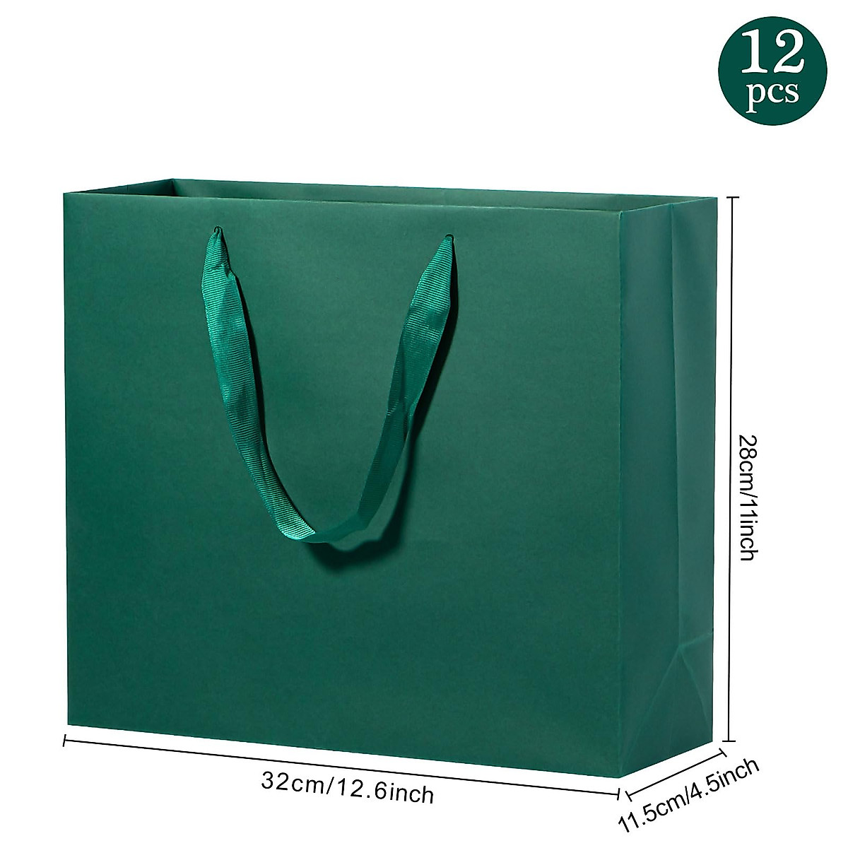 Umoofine Large Green Gift Bag with Ribbon Handles 12 Pack, 12.6x4.5x11 inches Extra Large Blackish Dark Green Gift Bag , Reusable Heavy Duty Deep Green Kraft Bag Paper Bags Bulk for Shopping, Wedding,