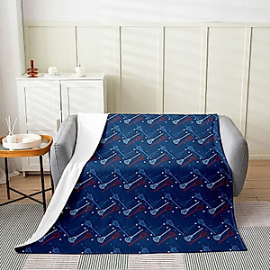 Lacrosse All Season,Bed Blanket Lacrosse Player Flannel Fleece Blanket Blue Red Lacrosse Star Pattern Plush Throw Blanket, for Kids Sports Theme Ultra Soft Room Decor Throw 50"x60"
