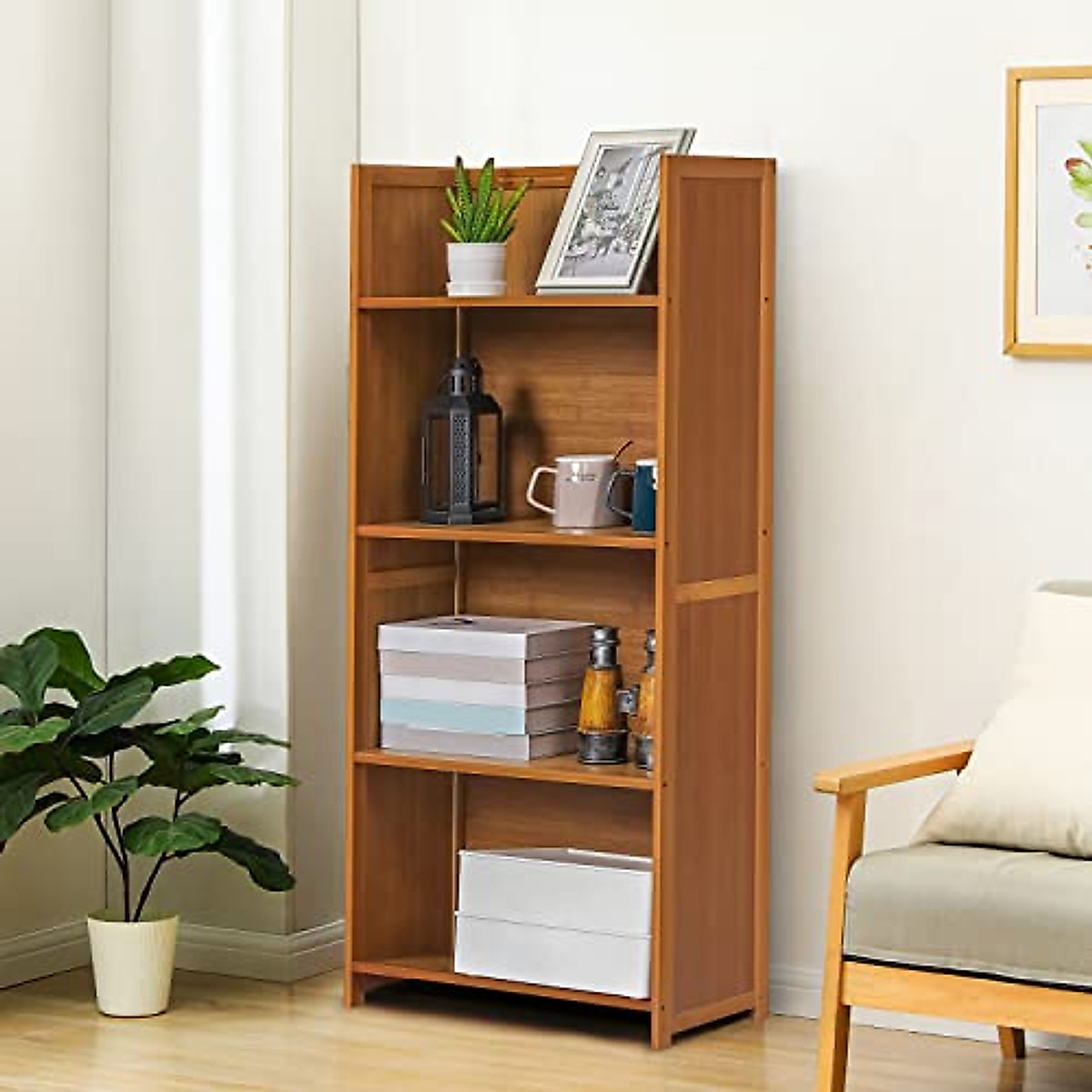 MoNiBloom 4 Tier Bookshelf, Bamboo Display Shelves Bookcase Storage Book Shelves Organizer Freestanding for Living Room Bedroom Office Décor, Brown