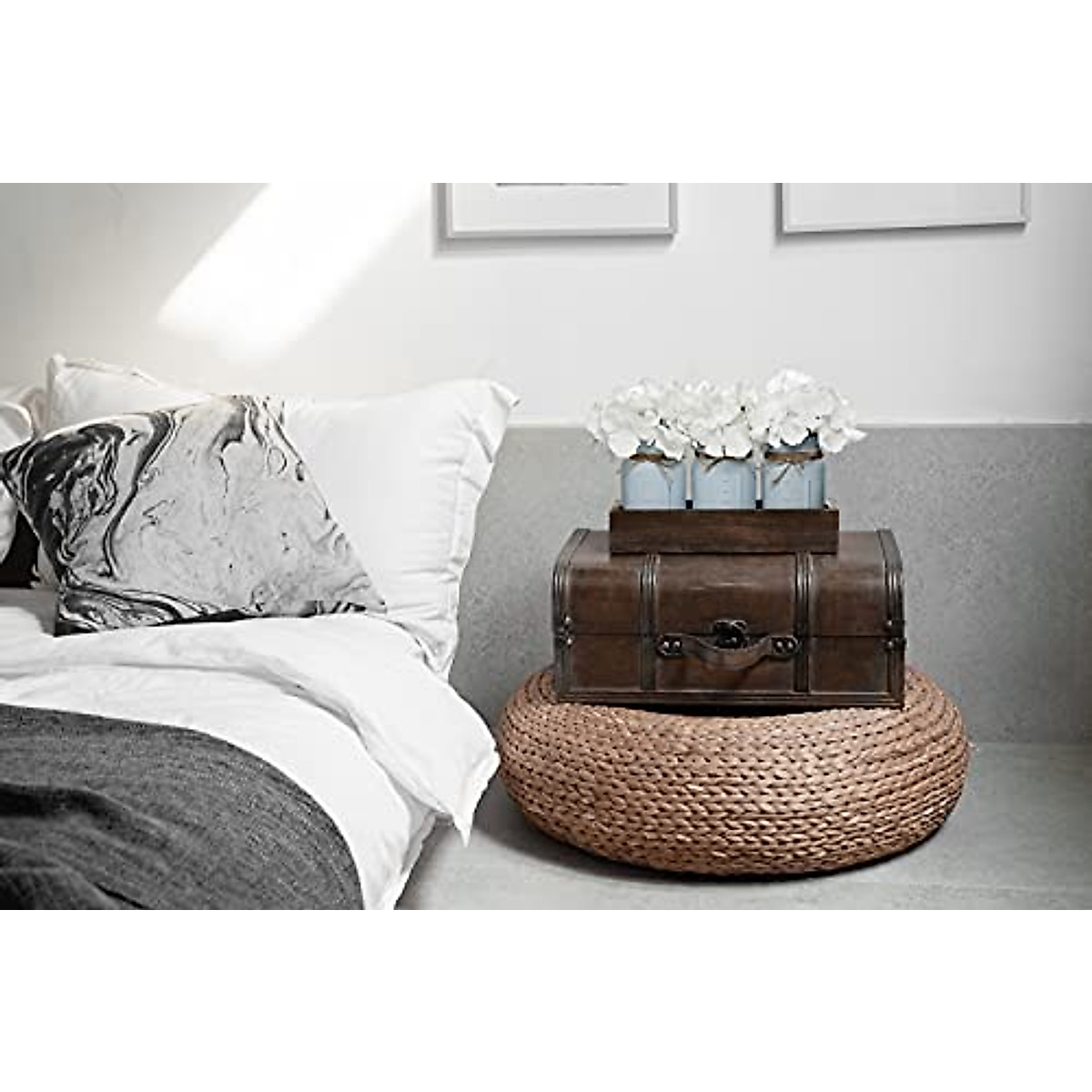 Mkono Mason Jar Centerpiece Decorative Wood Tray with 3 Painted Jars Artificial Flowers Rustic Country Farmhouse Fall Decor for Coffee Table Dining Room Living Room Kitchen,Grey Blue