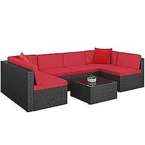 Greesum Patio Furniture Sets 7 Piece Outdoor Wicker Rattan Sectional Sofa with Cushions, Pillows & Glass Table, Red