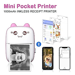 Mini Printer Portable, Pocket Thermal Printer, Inkless Printers for iOS and Android with 7 Rolls of Printing Paper in for Photos, Office Receipts, QR Codes, Labels, Notes(Pink)