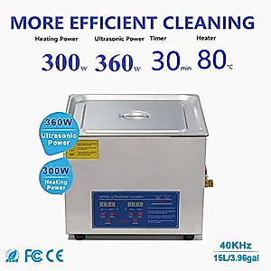 AZUIZUIF 15L/3.9gallon Industrial Ultrasonic Cleaner with Digital Timer&Heater 300W+360W for Screwdriver Repairing Tools Industrial Parts Mental Instrument Apparatus Cleaning 40kHz