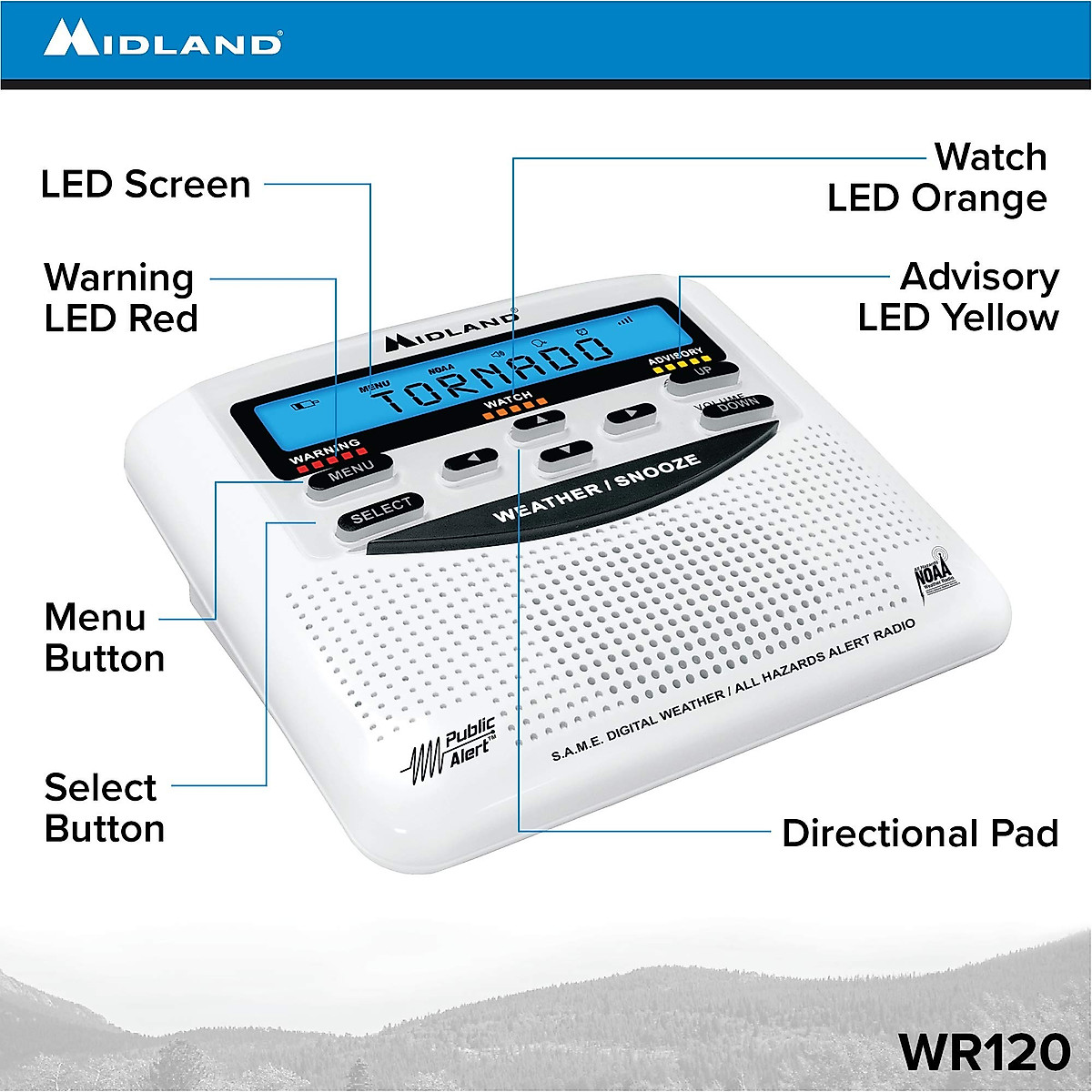 Midland - WR120, NOAA Emergency Weather Alert Radio - S.A.M.E. Localized Programming, Trilingual Display, 60+ Emergency Alerts, & Alarm Clock (WR120C - Clam Packaging)