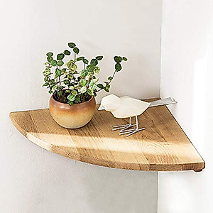 Corner Shelf, 9inch Solid Oak Wood Floating Corner Shelf Wall Mount Round End Floating Speaker Shelf with Wire Hole Display Shelf for Small Plant Photo Frame for Bedroom Kitchen, Living Room