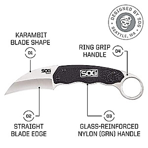 SOG Survival Karambit Knife - Gambit Curved Security Belt Knife, Full Tang Fixed 2.6 Inch Blade w/Hard Nylon Sheath and Adjustable Clip (GB1001-CP), Black