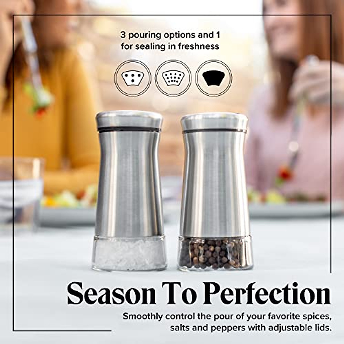 Premium Salt and Pepper Shakers with Adjustable Pour Holes - Elegant Stainless Steel Salt and Pepper Dispenser - Perfect for Himalayan, Kosher and Sea Salts - Spices