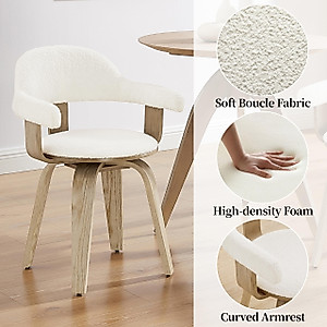 Art Leon Desk Chair No Wheels, Mid Century Modern Swivel Accent Chair, Boucle Fabric Upholstered Home Office Chair with Wood Legs for Living Room Bedroom, White