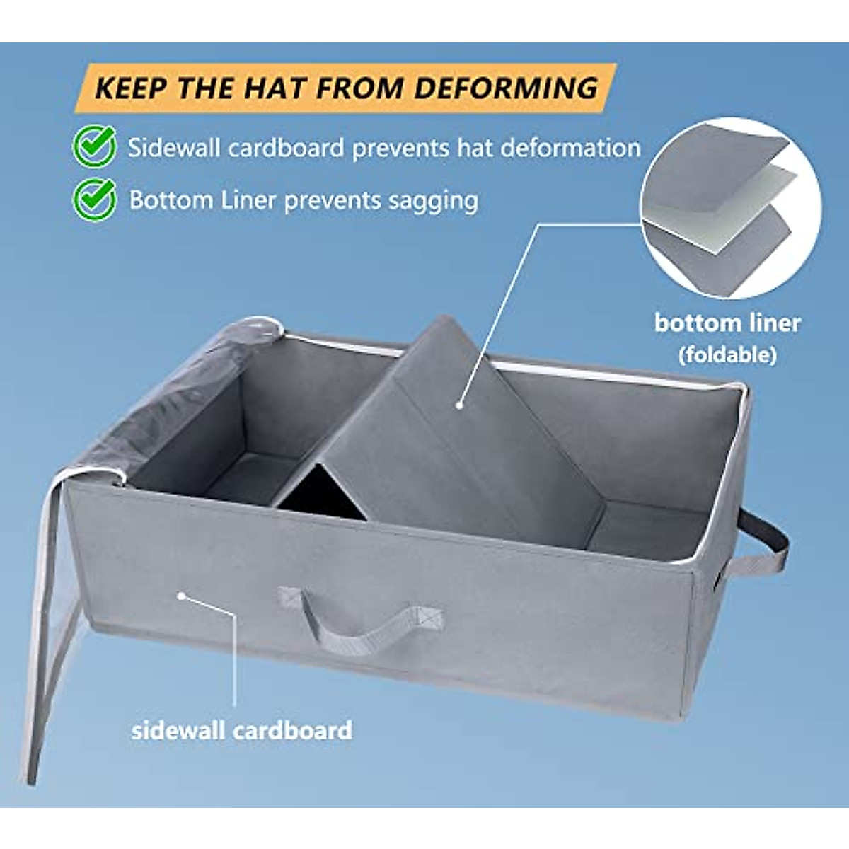 AOODA Large Hat Storage Box for Baseball Caps Organizer, Holds Up to 50 Caps Wide Hat Organizer for Closet with Cardboard, Under Bed Hat Holder, Grey