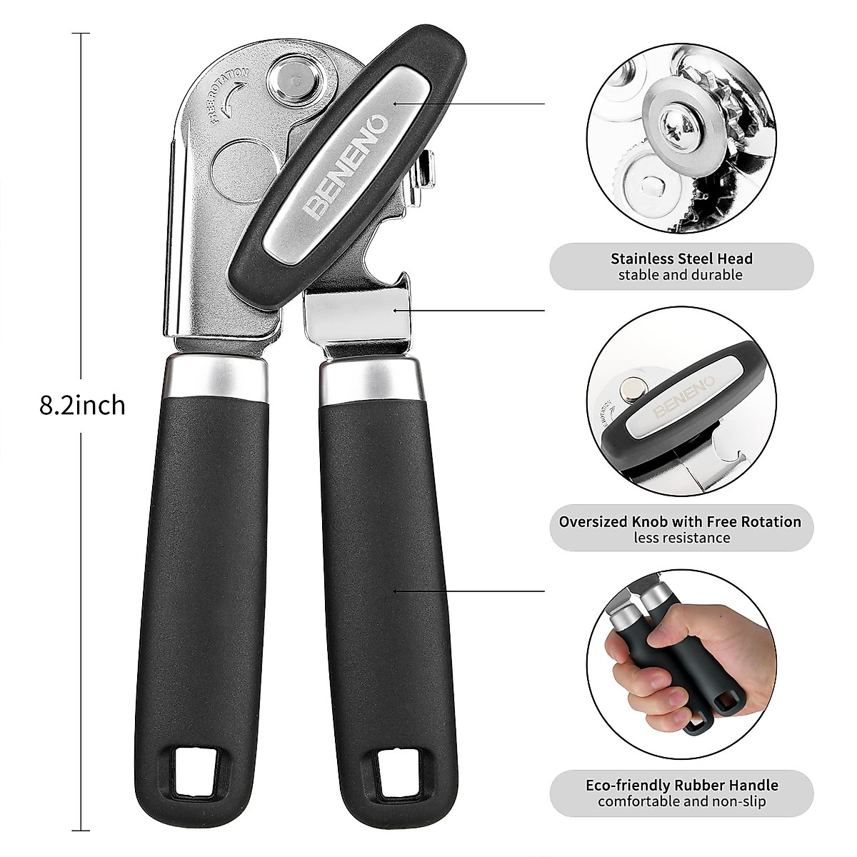 Can Opener Manual, Can Opener with Magnet, Hand Can Opener with Sharp Blade Smooth Edge, Handheld Can Openers with Big Effort-Saving Knob, Can Opener with Multifunctional Bottles Opener, Black