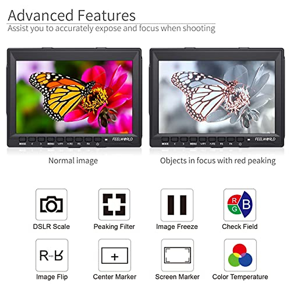 FEELWORLD FW759 7 Inch DSLR Camera Field Monitor HD Video Assist Slim IPS 1280x800 4K HDMI 1080p with Sunshade