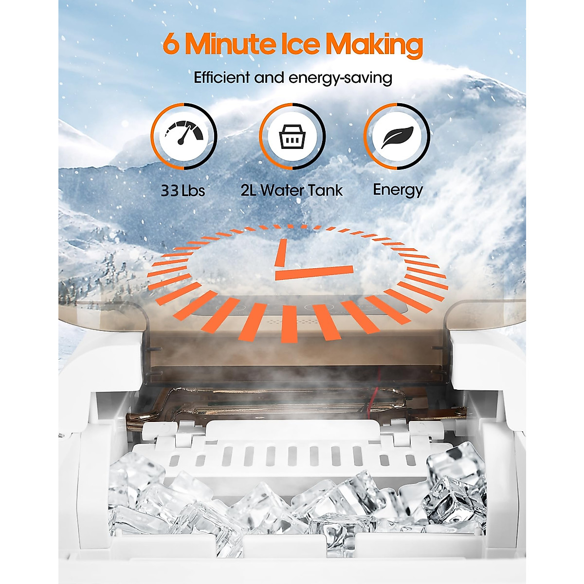 Smart Ice Maker Countertop, Compact Wi-Fi Ice Machine with App Control, 33 lbs per Day 9 Cubes in 6 Mins 2 Sizes Bullet Ice Makers Self-Cleaning Ideal for Home Kitchen Camping RV
