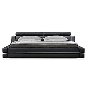 ZURI Hera Genuine Black Leather Platform Bed with Adjustable Headrests - Queen