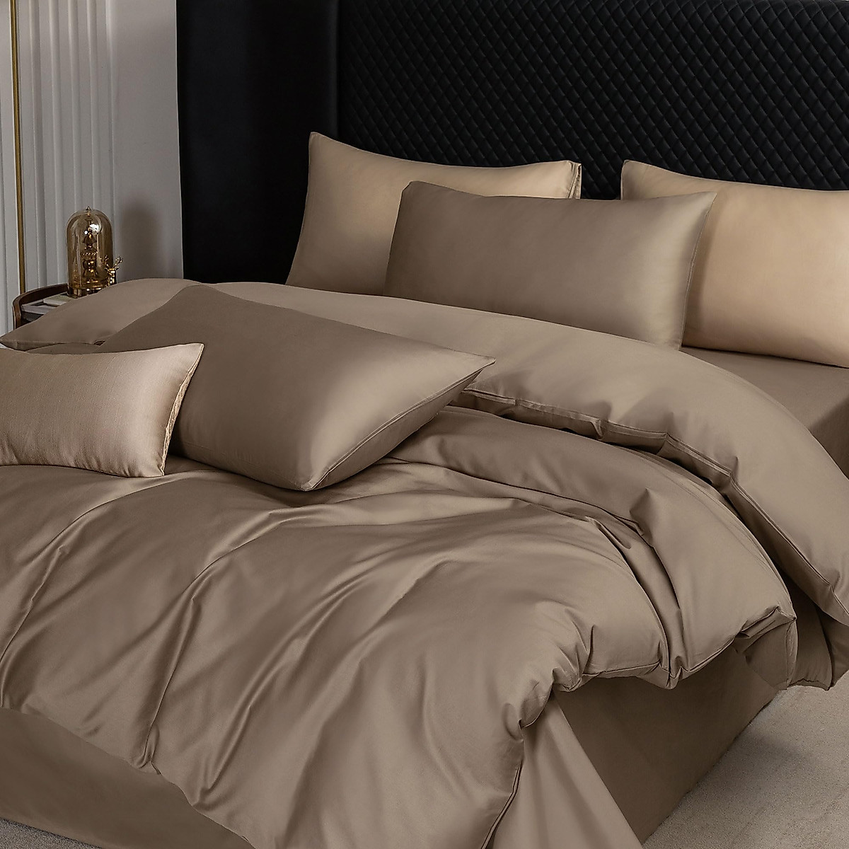 MooMee Bedding Duvet Cover Set Extra Long Staple Cotton 600 TC Egyptian Cotton Texture Silky Sateen Smooth Luxury Soft Comfortable Durable (Mocha Brown, Queen)