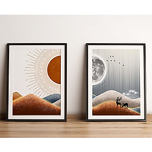 Boho Wall Art - Sun and Moon Art - Boho Bedroom Art - Sunshine Decor - Mid Century Modern Wall Decor - Bathroom, Living Room, Office, Classrooms, Home Wall Decor, Set of 2 Prints, 11x14" Unframed