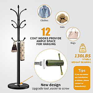 Tenkovic Metal Coat Rack Stand with Natural Marble Base, Coat Rack Freestanding, Sturdy Hall Tree with 12 Hooks for Hanging Clothes, Bags, Scarfs, Coat Hanger for Entryway, Hallway (Black)