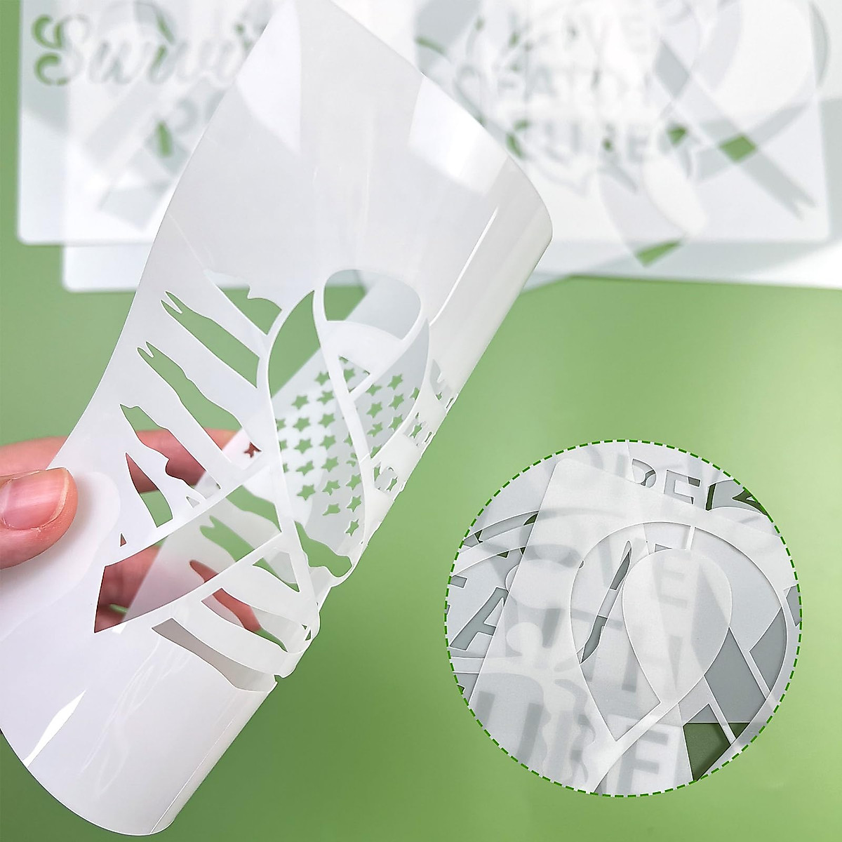 9 Pcs Breast Cancer Raise Awareness Ribbon Stencils, Reusable Stencils Including Believe/Pink Power/Survivor for Painting on Wood Cloth Face Body Survivor Gifts for Breast Cancer Event 6"x6"