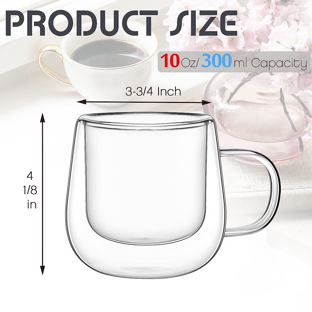 Sunnyray 8 Pack Double Walled Glass Coffee Mugs 10oz Insulated Cappuccino Glasses Mugs with Handle Clear Glass Coffee Cups Bistro Travel Camping for Tea Latte Beverage Shots Glasses Heat Resistant