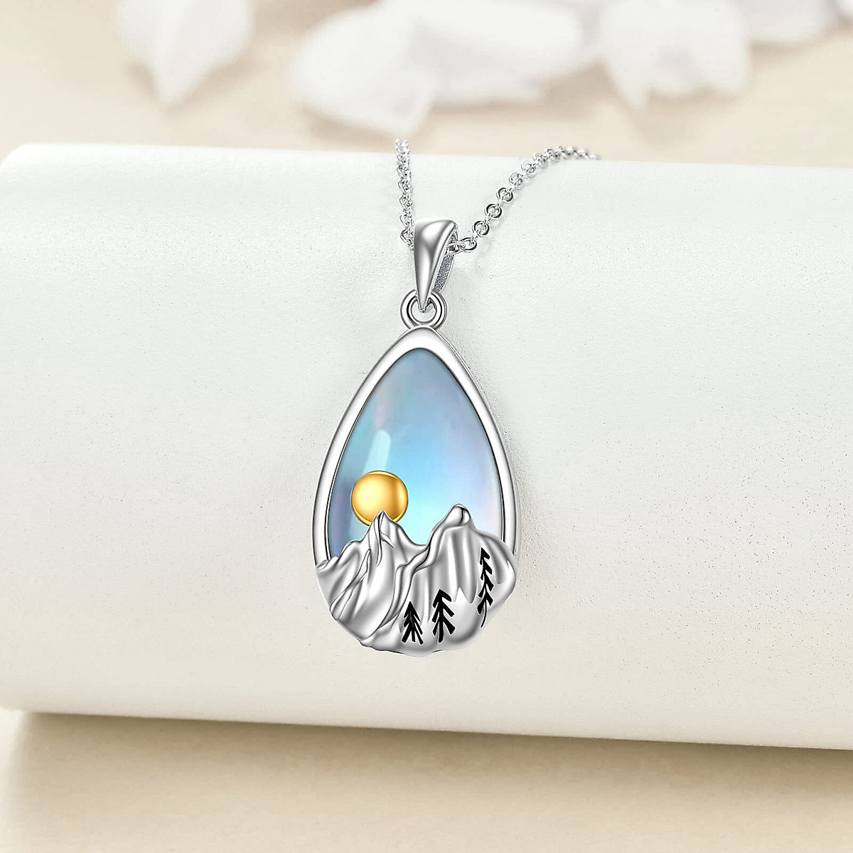 YFN Sterling Silver Moonstone Mountain Pendant Necklace Nature Jewelry Gift for Skiers, Hikers, Campers, Climbers and Nature Lovers
