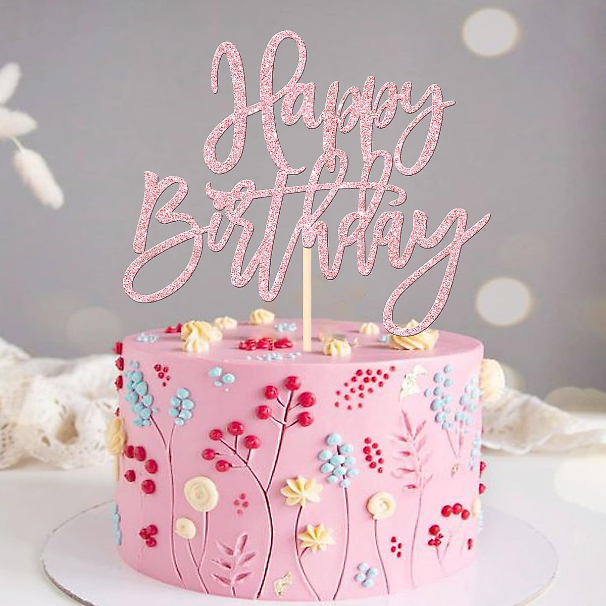1 PCS Happy Birthday Cake Topper Glitter Happy Birthday Cake Pick for Celebrating Happy Birthday Anniversary Theme Party Cake Decorations Supplies Light Pink