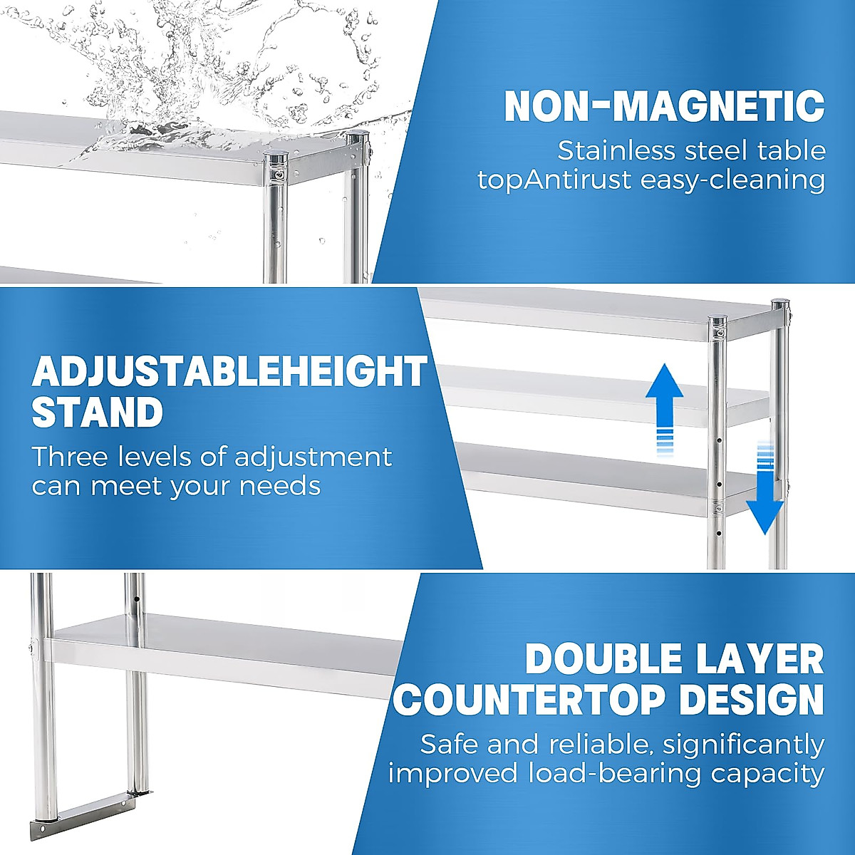 KUARBARR Stainless Steel Double Overshelves 2 Tier Overshelf for Prep & Work Table 12 x 72 Inches Height Adjustable Commercial Overshelf in Restaurant Kitchen Home