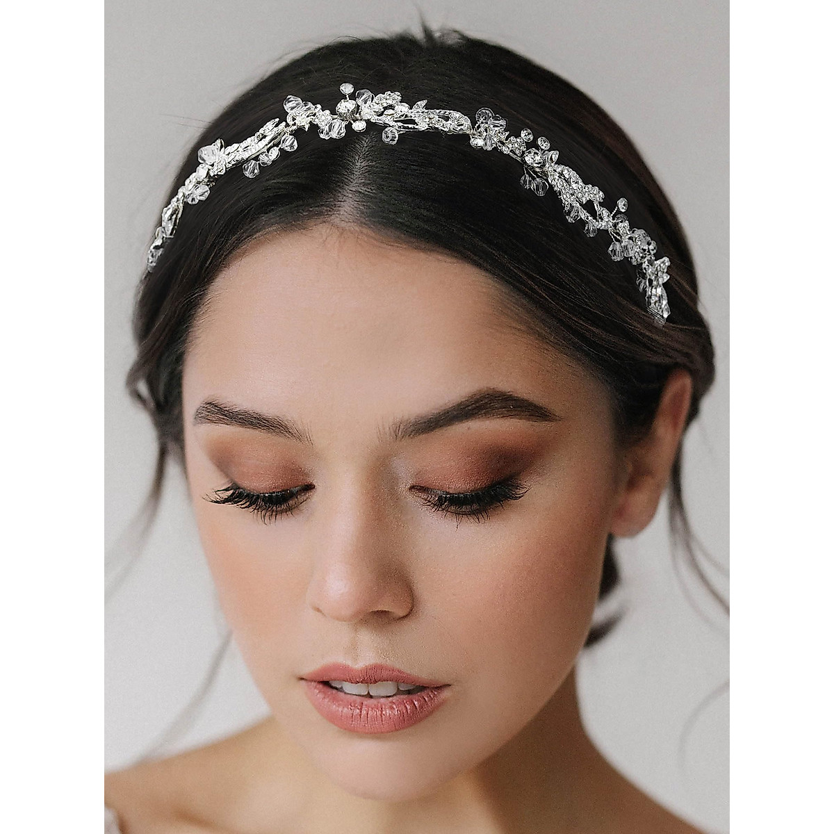 SWEETV Silver Wedding Headpieces for Bride Handmade Bridal Headband with Rhinestones Hair Accessories Hair Vine for Women