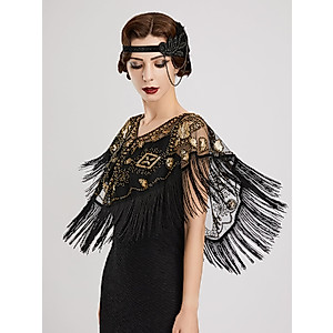 SWEETV Women's 1920s Shawl Wraps,Sequin Beaded Flapper Evening Shawls for women Formal/Party/Wedding/Formal/Harlem night,Flapper Accessories for Women,Black Gold