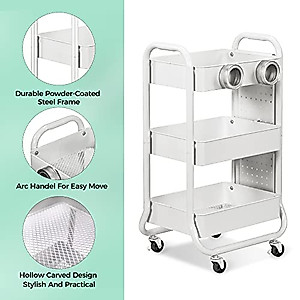 DESIGNA 3-Tier Rolling Cart, Utility Cart with Handle, Extra 3 Storage Accessories, Removable Pegboard, Easy Assembly Craft Carts for Kitchen, Bathroom, Office, Metal, White