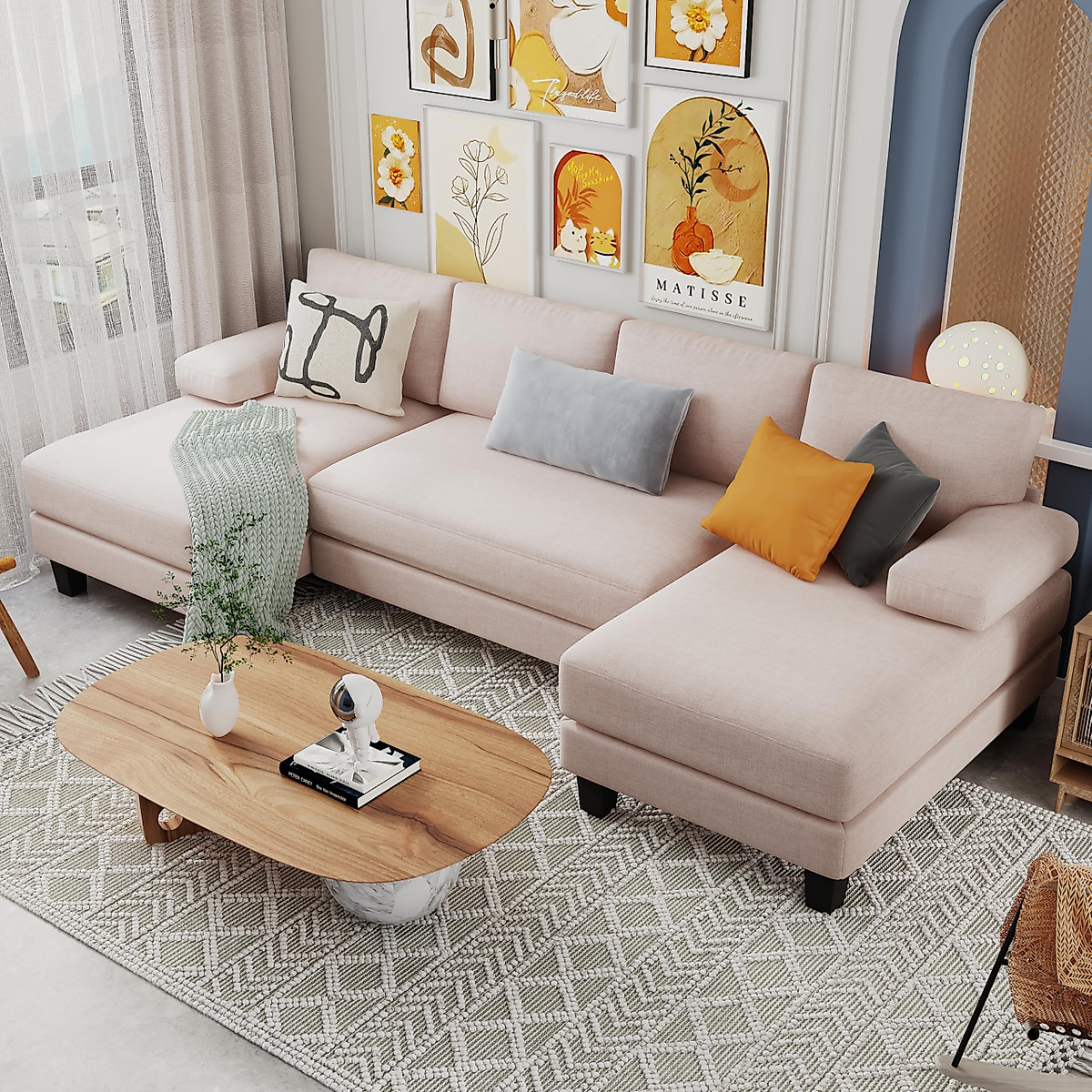 ODUWA Sectional Sofa Cloud for Living Room,110" U-Shaped Couch with Oversized Seat,6-Seat Sofa Bed with Double Chaise,Modern Polyester Fabric with Sleepable Armrests for Home Apartment Office