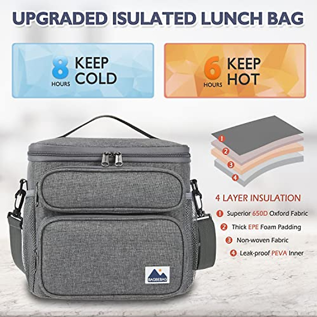 BAGBEBAG Lunch Bag for Men Women, Insulated Lunch Bag Women Man, Adult Lunch Box for Men Women, Large Lunch Bag for Office Work Picnic, Leak Resistant Cooler Bag, 24-Can,14L (Gray)