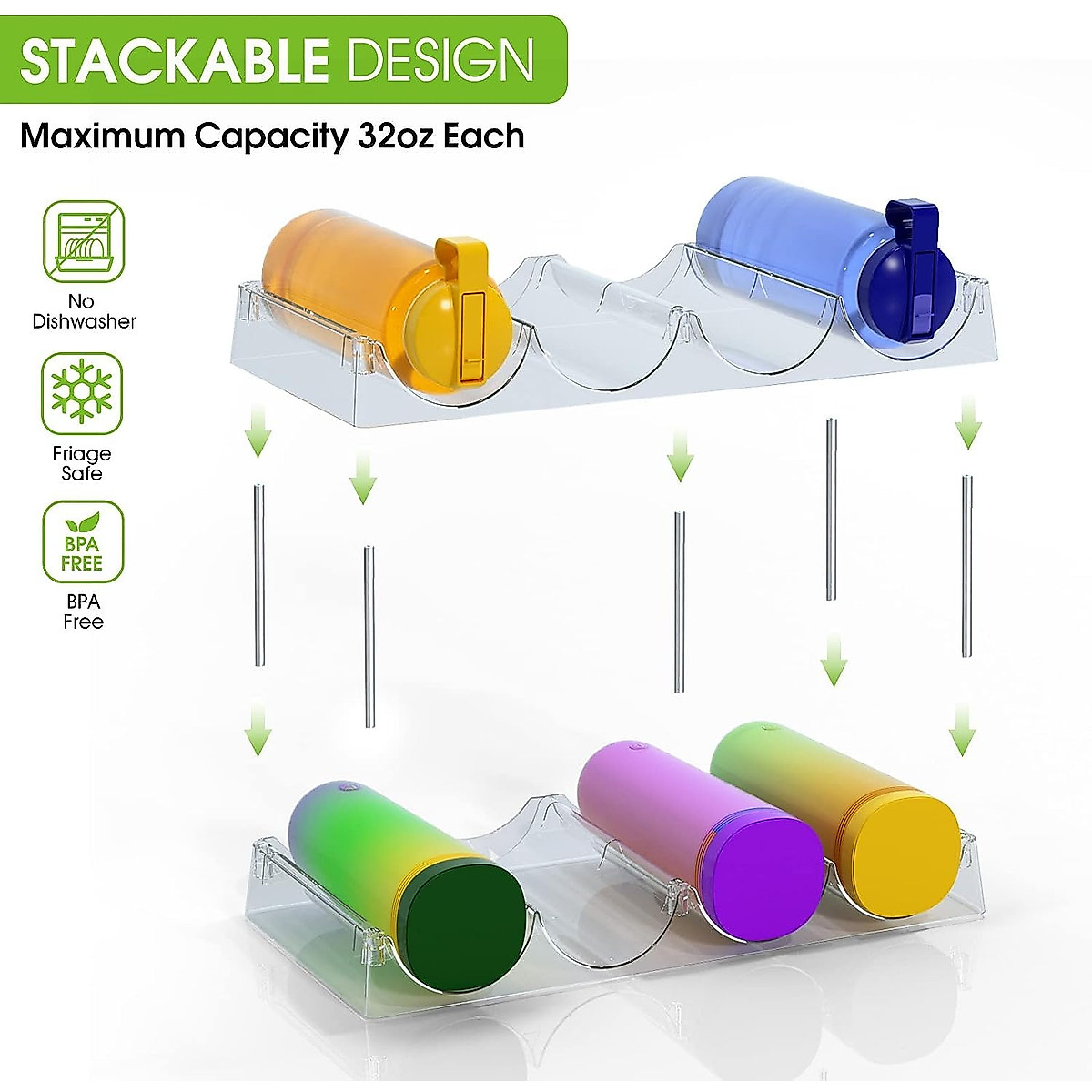 DWWFCC Large Water Bottle Organizer for Cabinet w 8 Hooks - Stackable Clear Bottle Storage Organizer, Acrylic Plastic Tumbler Travel Mug Cup Organizer Holder Wine Rack for Countertop-2oz to 32oz