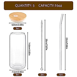 Moretoes 5pcs 16oz Glass Cups with Lids and Straws, Glass Iced Coffee Cups Drinking Glasses Set, Cute Tumbler Cup Boba Bottle for Jumbo Smoothie, Bubble Tea, Cold Brew,Soda, Juice