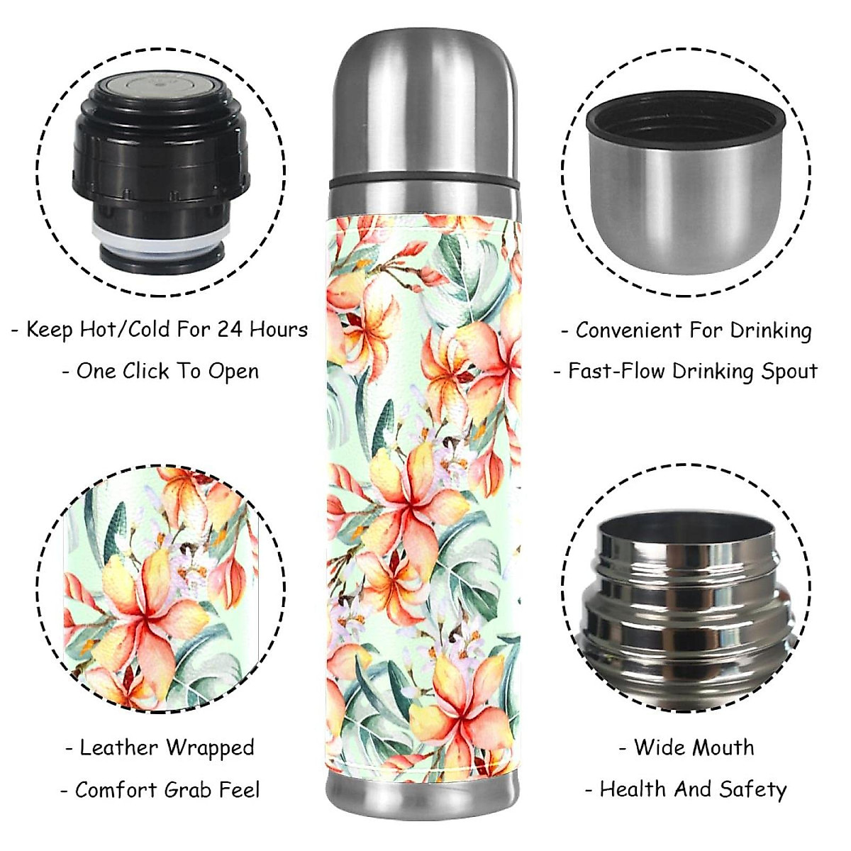 Stainless Steel Leather Vacuum Insulated Mug Tropical Plant Flower Thermos Water Bottle for Hot and Cold Drinks Kids Adults 16 Oz