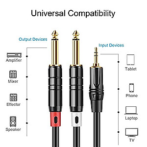 CableCreation 15FT 3.5mm 1/8" TRS to Dual 6.35mm 1/4" TS Mono Y-Cable Splitter Cable Compatible with iPhone, iPod,Laptop,CD Players, Power Amplifier, Mixer, Home Stereo Systems, 4.5 Meters/Black